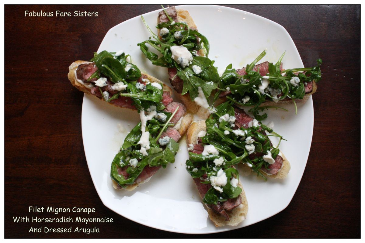 Filet Mignon Canape With Horseradish Mayonnaise And Dressed Arugula ...